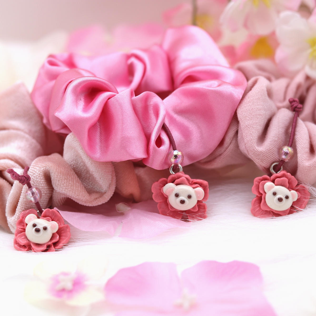 Sakura Bear Clay Charm Hair Scrunchies – Kawaii Craft Shop